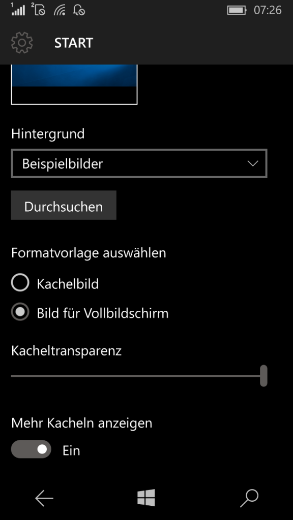 Windows 10 mobile Startscreen Beispiel 1