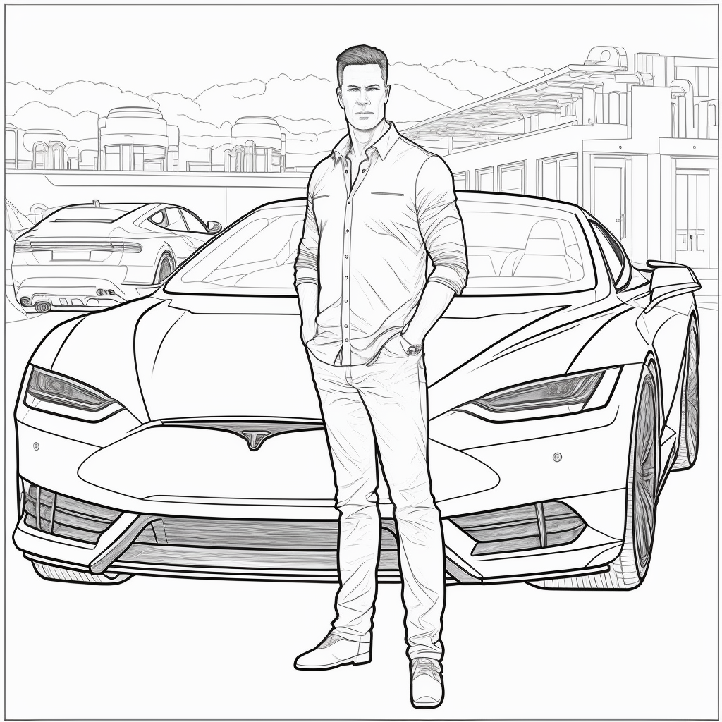 Ausmalbild: Cooler Typ mit Tesla vor Gigafactory