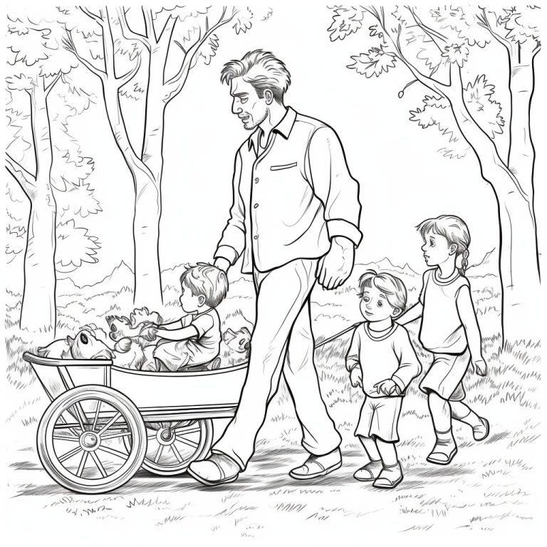 Ausmalbild: Vater mit Kindern beim Spaziergang