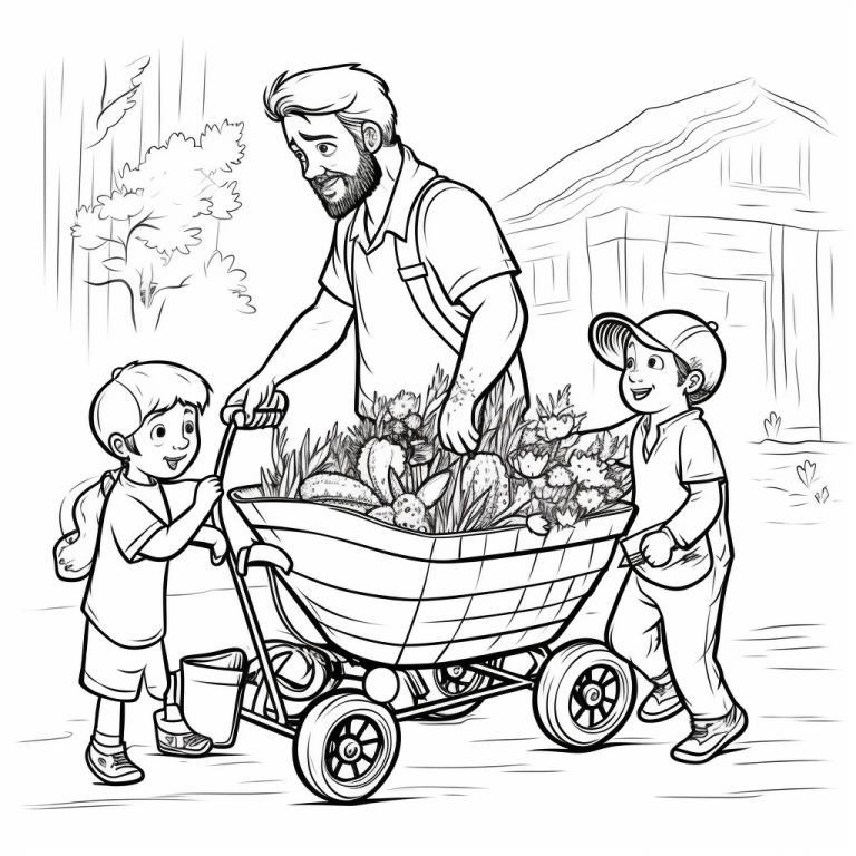 Ausmalbild: Vater mit Kindern auf dem Blumenhof