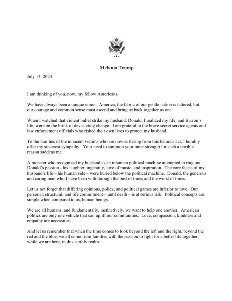 Dokumentiert: Das Statement von Melania Trump zum Attentat auf ihren ...
