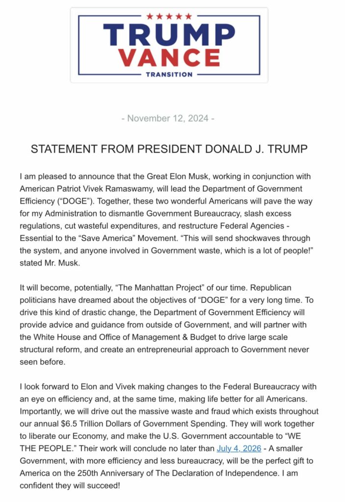 Dokumentiert: Statement von Donald Trump über DOGE und Elon Musk